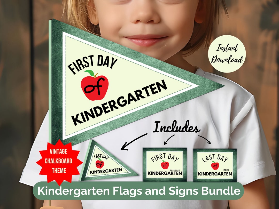 First Day of Kindergarten Flag, Printable Back to School Pennant Flags ...