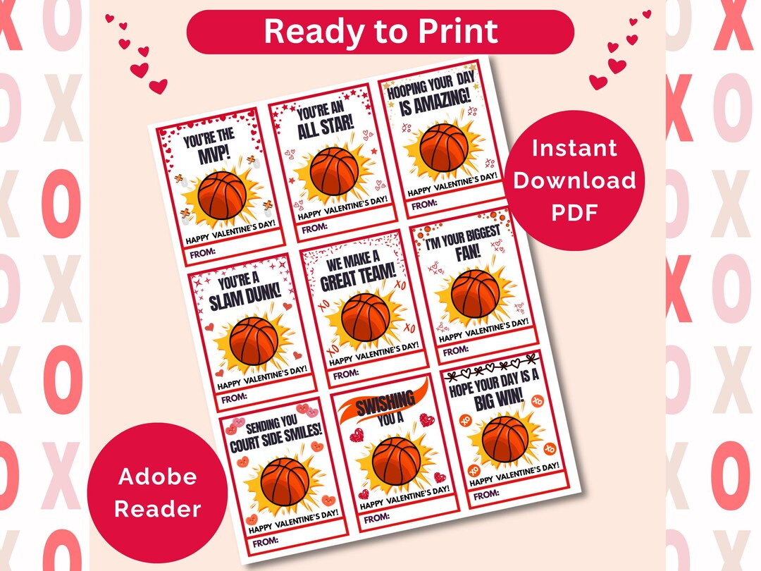 Printable Basketball Valentine's Day Cards, Kids Classroom Valentine's ...