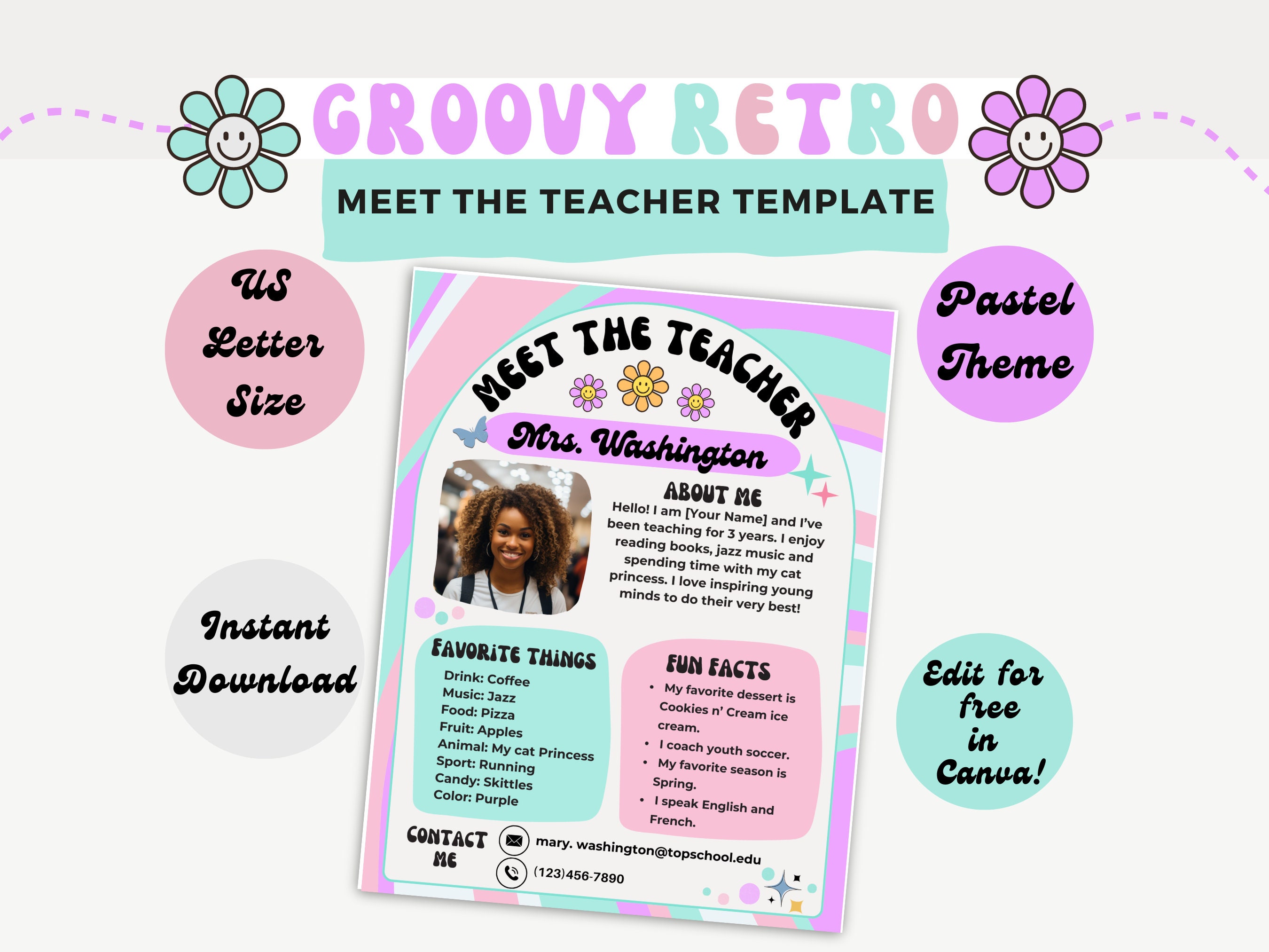 Editable Meet the Teacher Template, Retro Groovy Pastel Canva, Canva ...