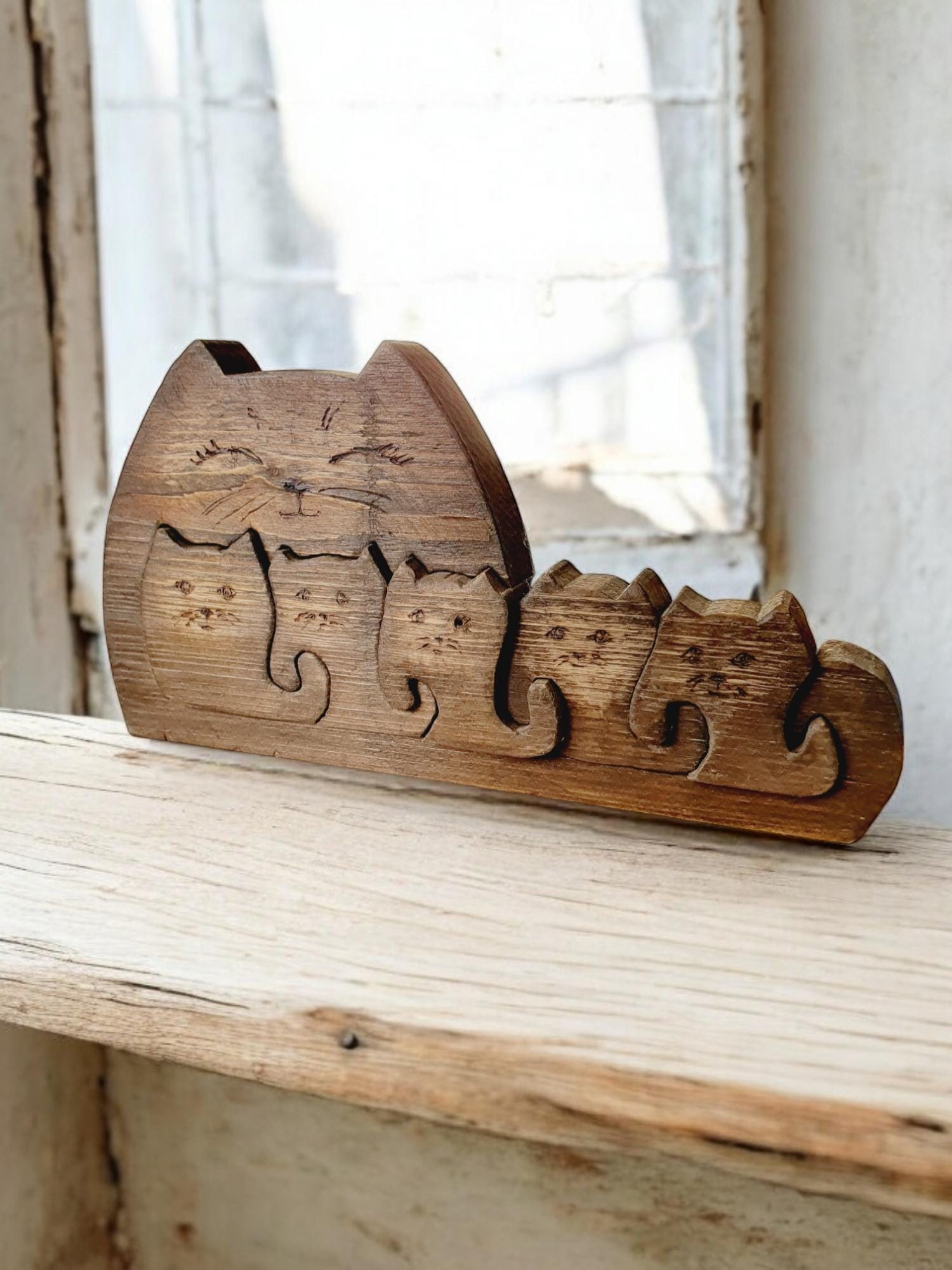 Carved Wooden Cat Family Sculpture Cat Kittens Original Design Unusual ...
