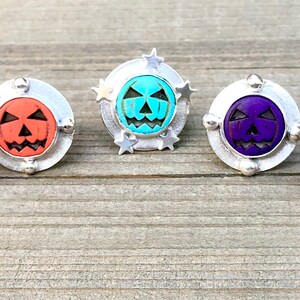Sterling Silver Halloween Jack O Lantern Rings Retro Colors Small Pumpkin Stars Artisan Spooky ...