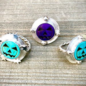 Sterling Silver Halloween Jack O Lantern Rings Retro Colors Small Pumpkin Stars Artisan Spooky ...
