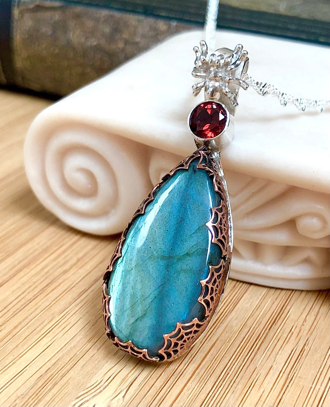 Sterling Silver Spider Copper Web Labradorite & Garnet Gemstone ...