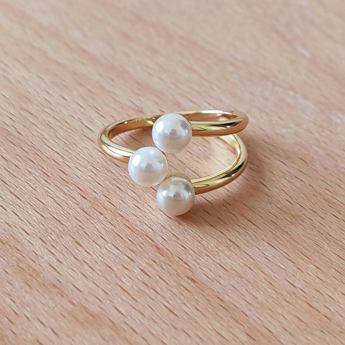 14K Gold Plated Three Pearl Open Ring,gold Plated Ring With Pearl ...