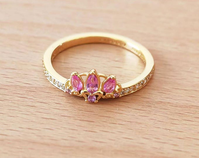 14K Gold Plated Princess Rapunzel Tiara Ring,gold Plated Ring With Pink Crystal,gold Plated ...