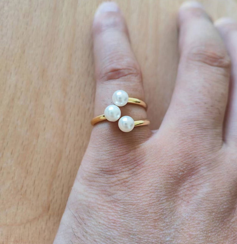 14K Gold Plated Three Pearl Open Ring,gold Plated Ring With Pearl ...