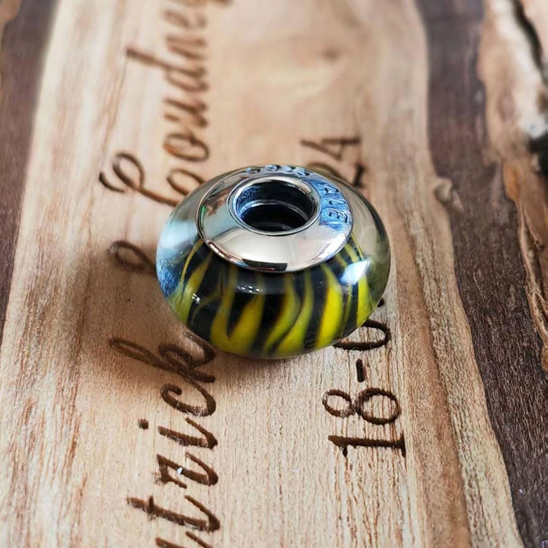 Yellow Green Skin Print Murano Glass Bead: 925 Sterling Silver Core ...