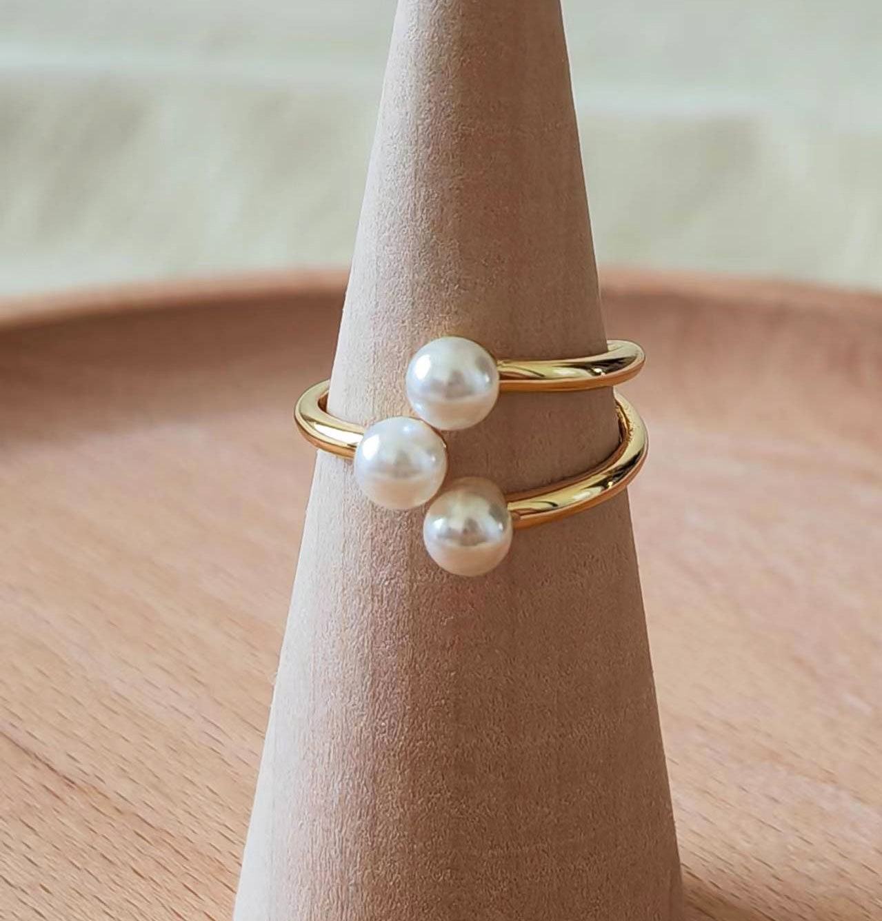 14K Gold Plated Three Pearl Open Ring,gold Plated Ring With Pearl ...