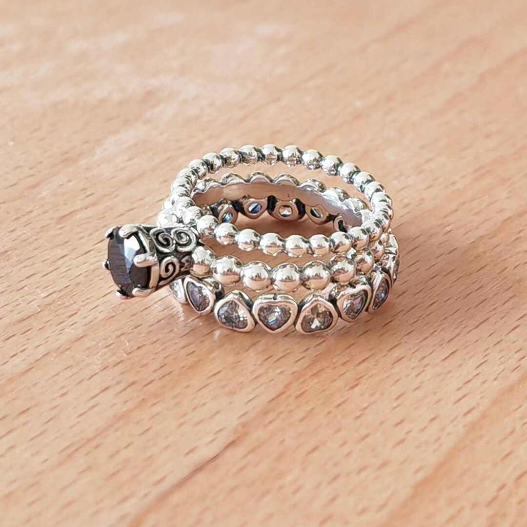 925 Sterling Silver Beaded Rings Set, Heart Cz Crystal Stackable Rings ...