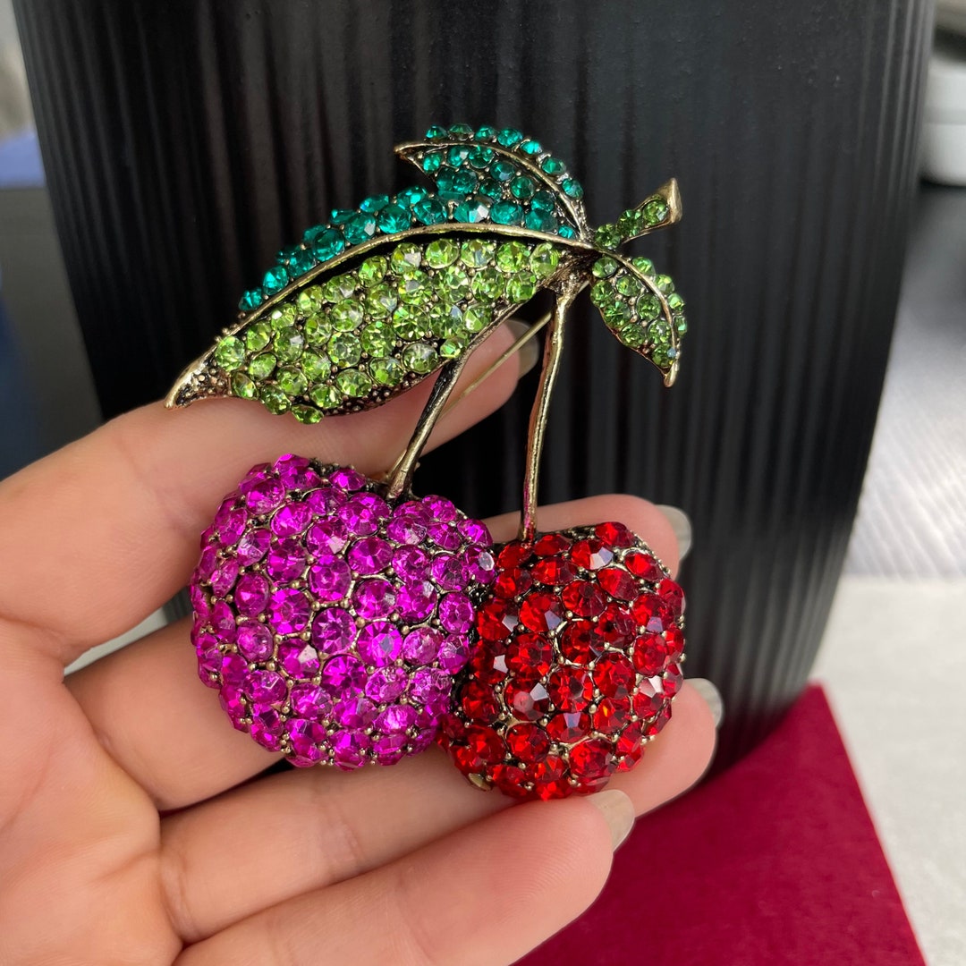 Vintage Style Red &pink Cherry Gold Pin Brooch Retro Large Cherries ...