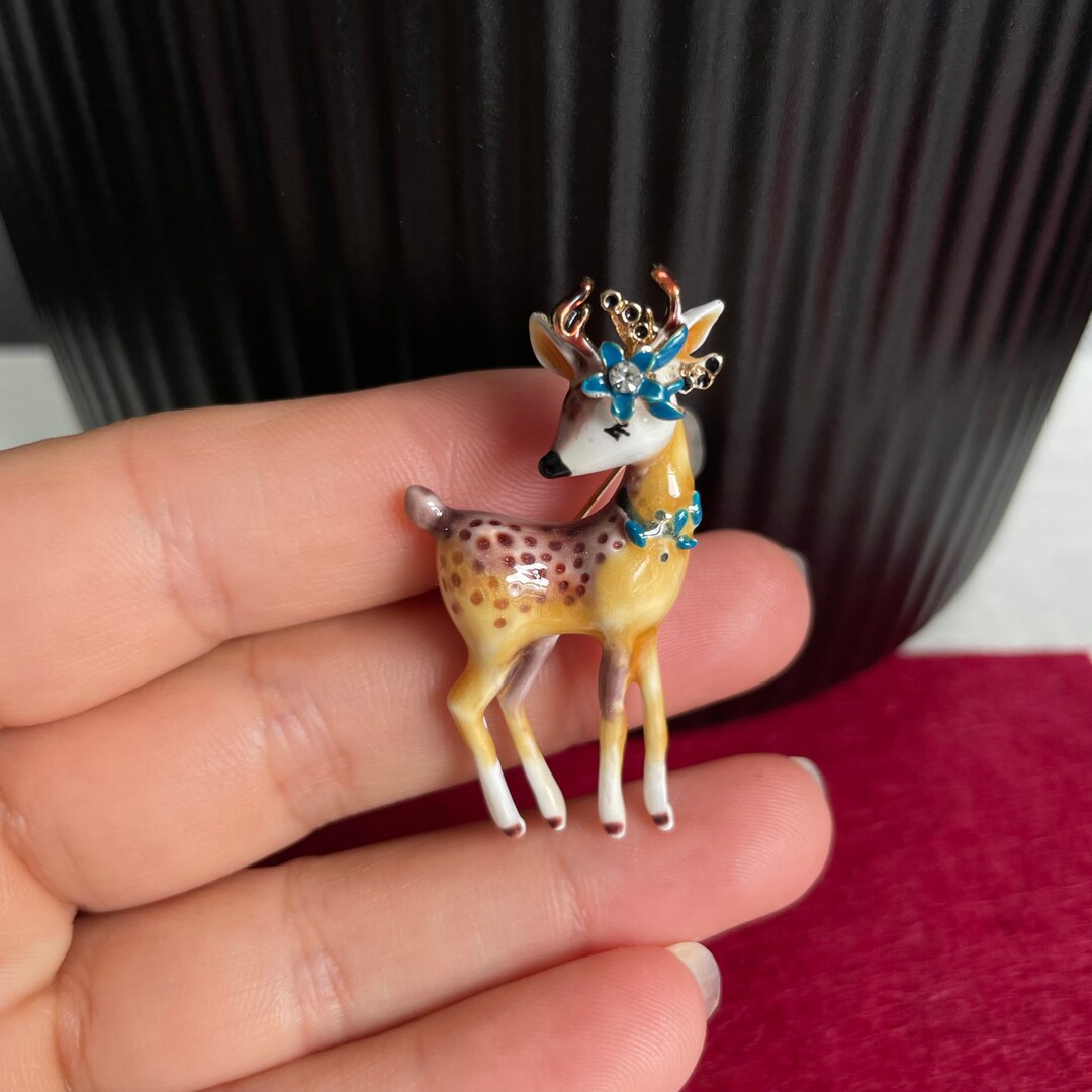 Cute Enamel Reindeer Blue Flower Gold Pin Brooch Retro Baby Deer Animal ...
