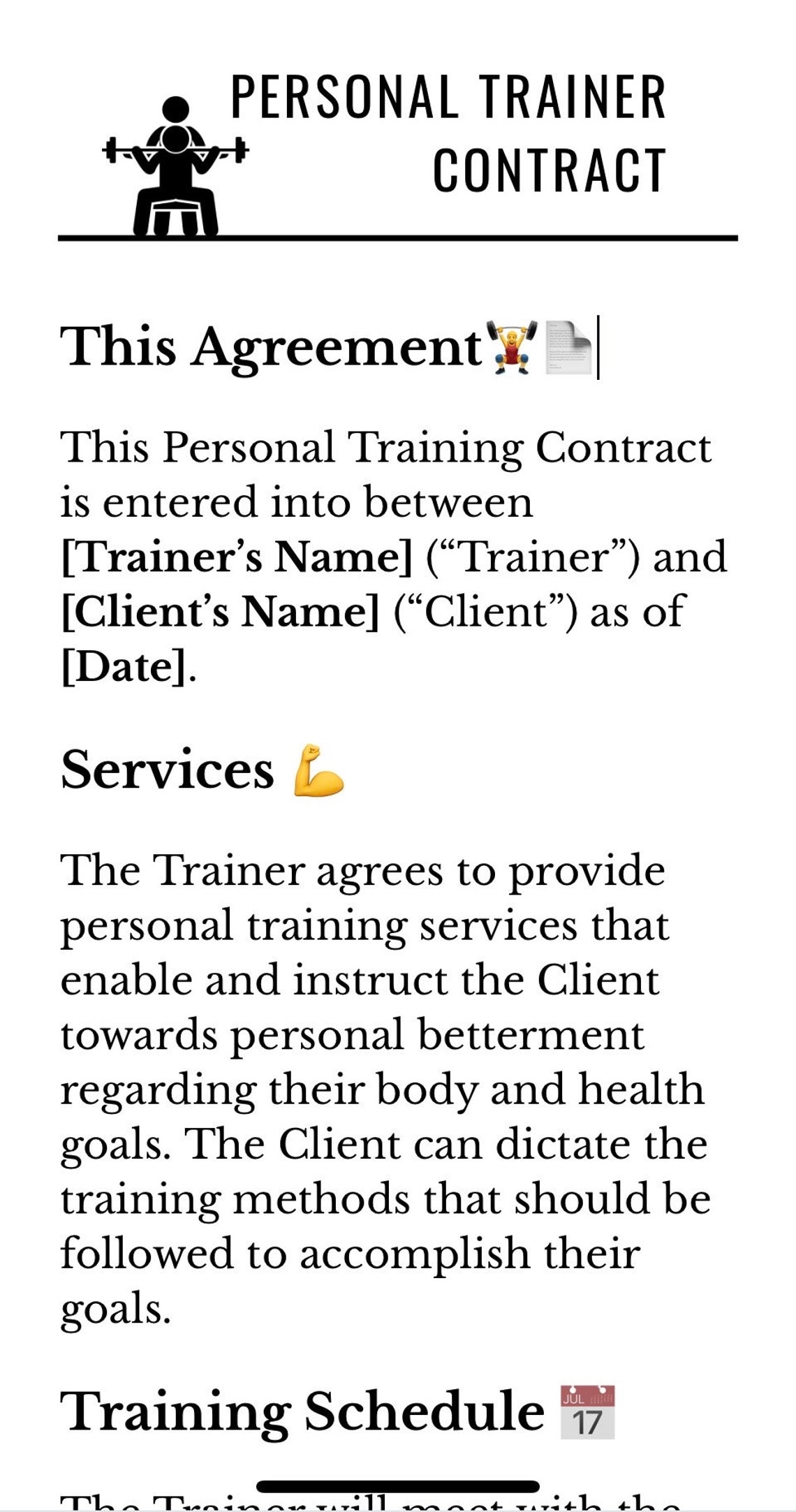 Custom Personal Trainer Contract Template, Fitness Services Agreement ...