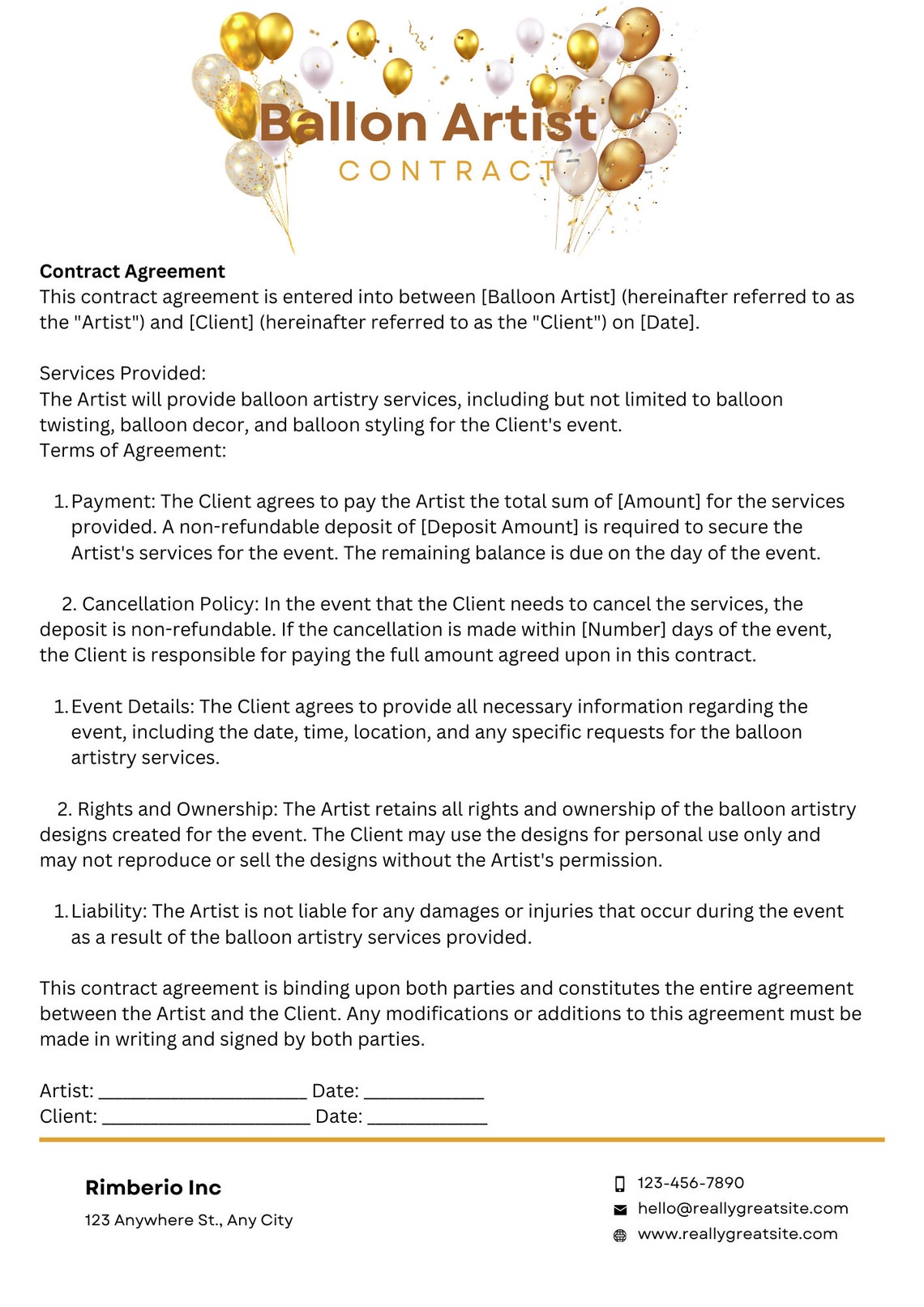 Balloon Artist Contract Template | Balloon Stylist Contract | Balloon ...