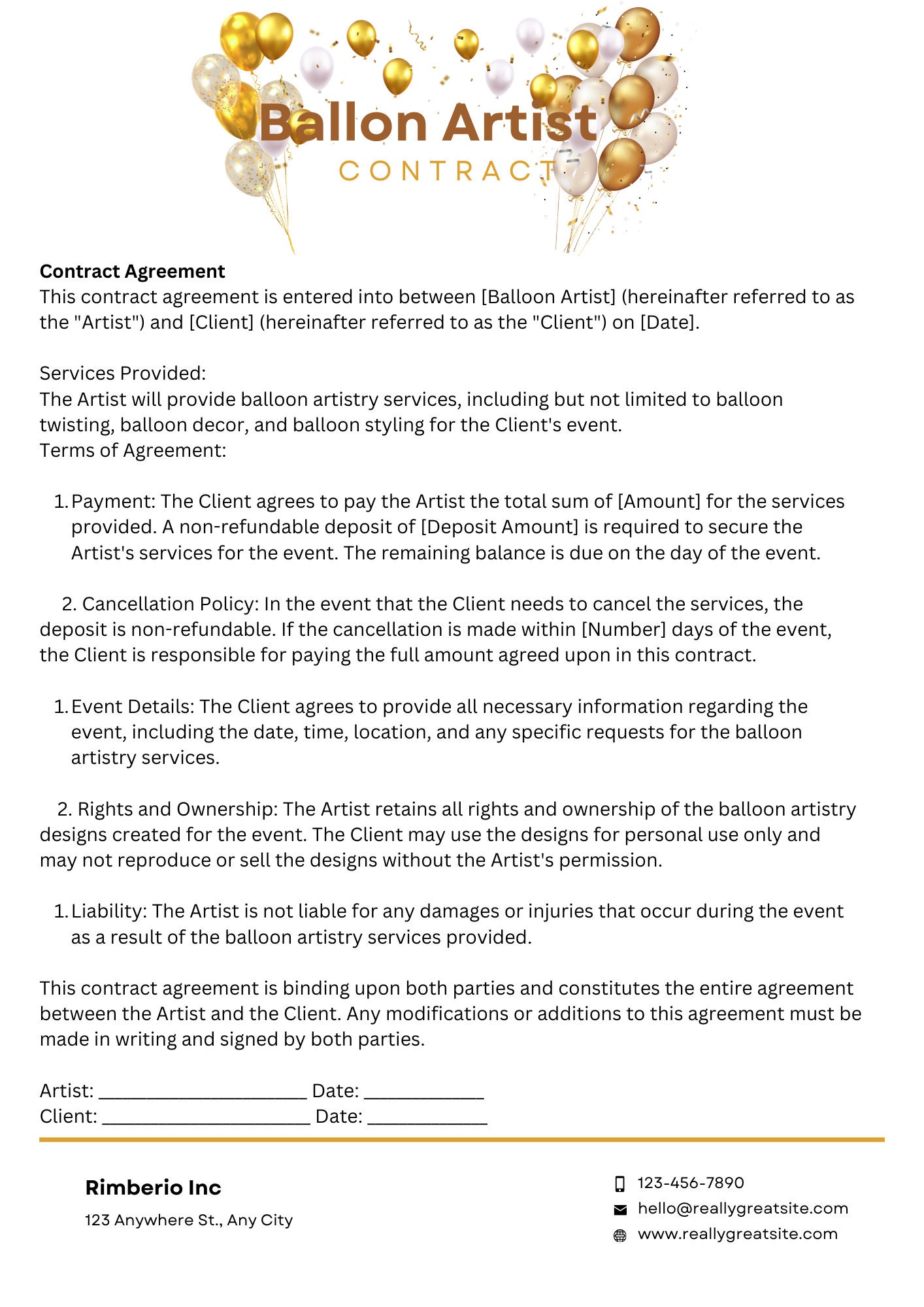 Balloon Artist Contract Template | Balloon Stylist Contract | Balloon ...