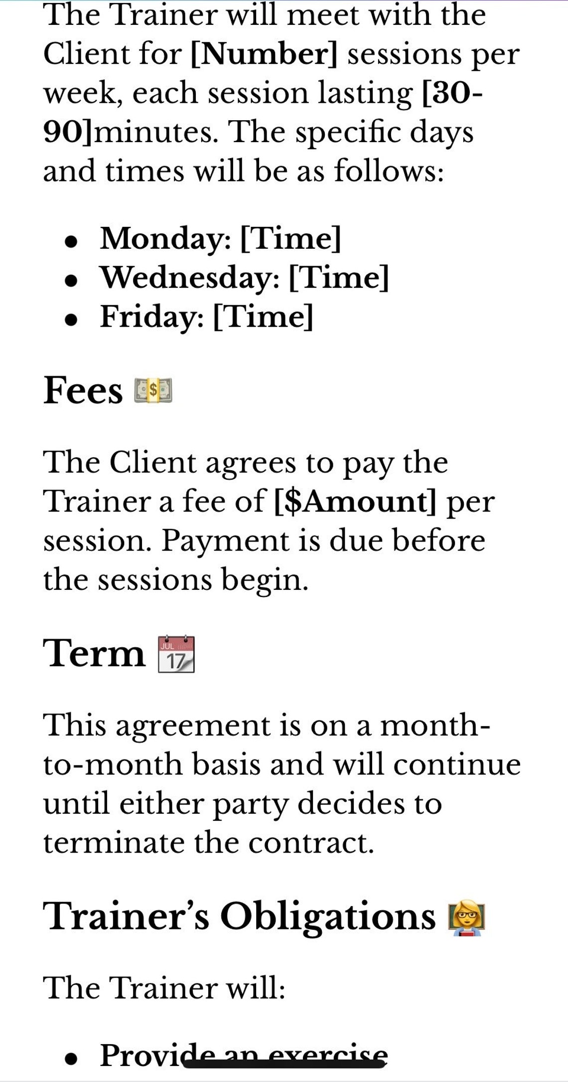 Custom Personal Trainer Contract Template, Fitness Services Agreement ...