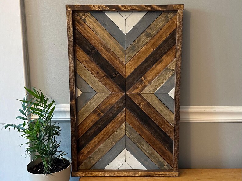 Rustic Wood Mosaic, Geometric Wood Decor, Boho Farmhouse Style, Tray or ...