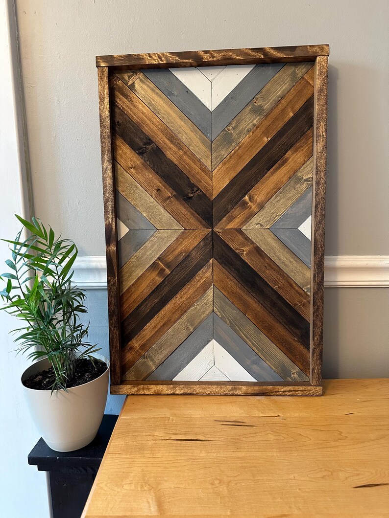 Rustic Wood Mosaic, Geometric Wood Decor, Boho Farmhouse Style, Tray or ...