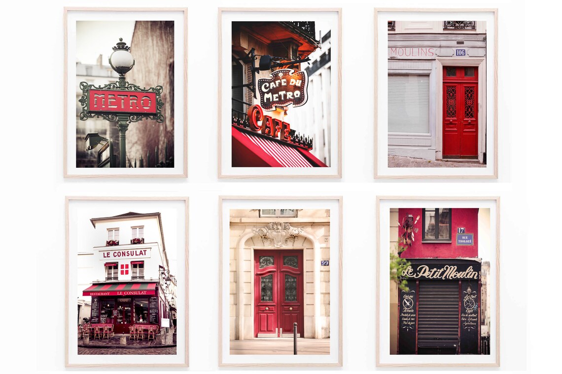 Paris in Red Tones Prints, Set of 6 Prints, Paris France Wall Art ...