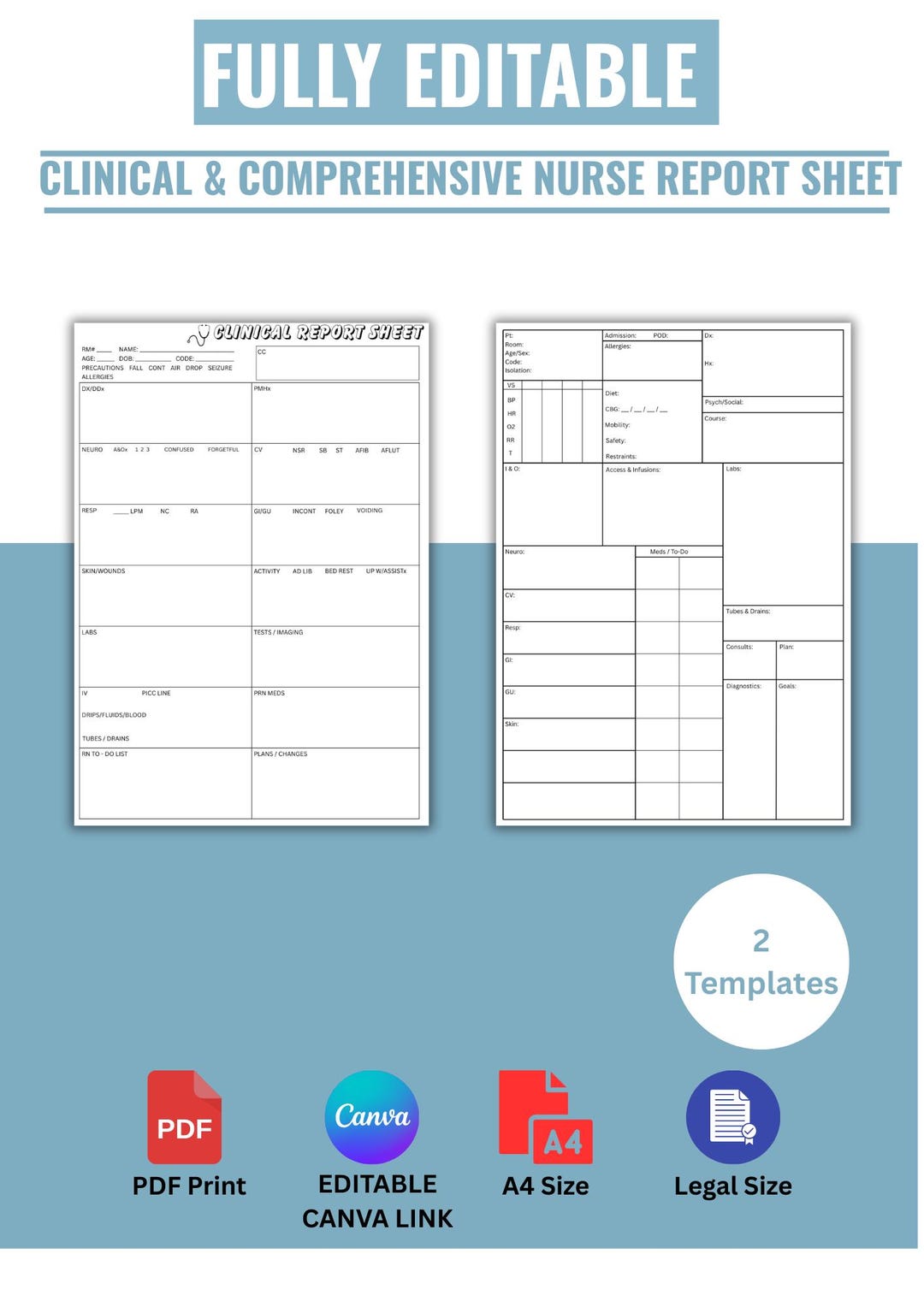 Editable Nurse Report Sheet Template | Clinical & Comprehensive Nurse ...