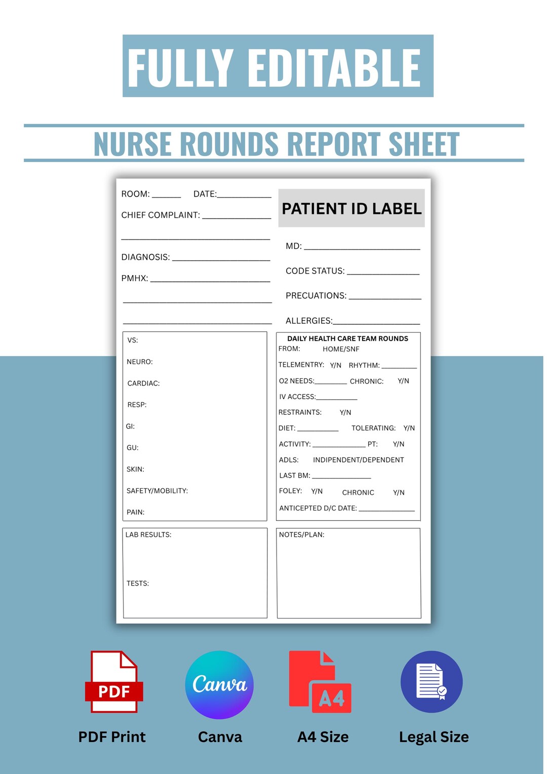 Editable Nurse Rounds Report Sheet – Printable PDF & Canva Template ...