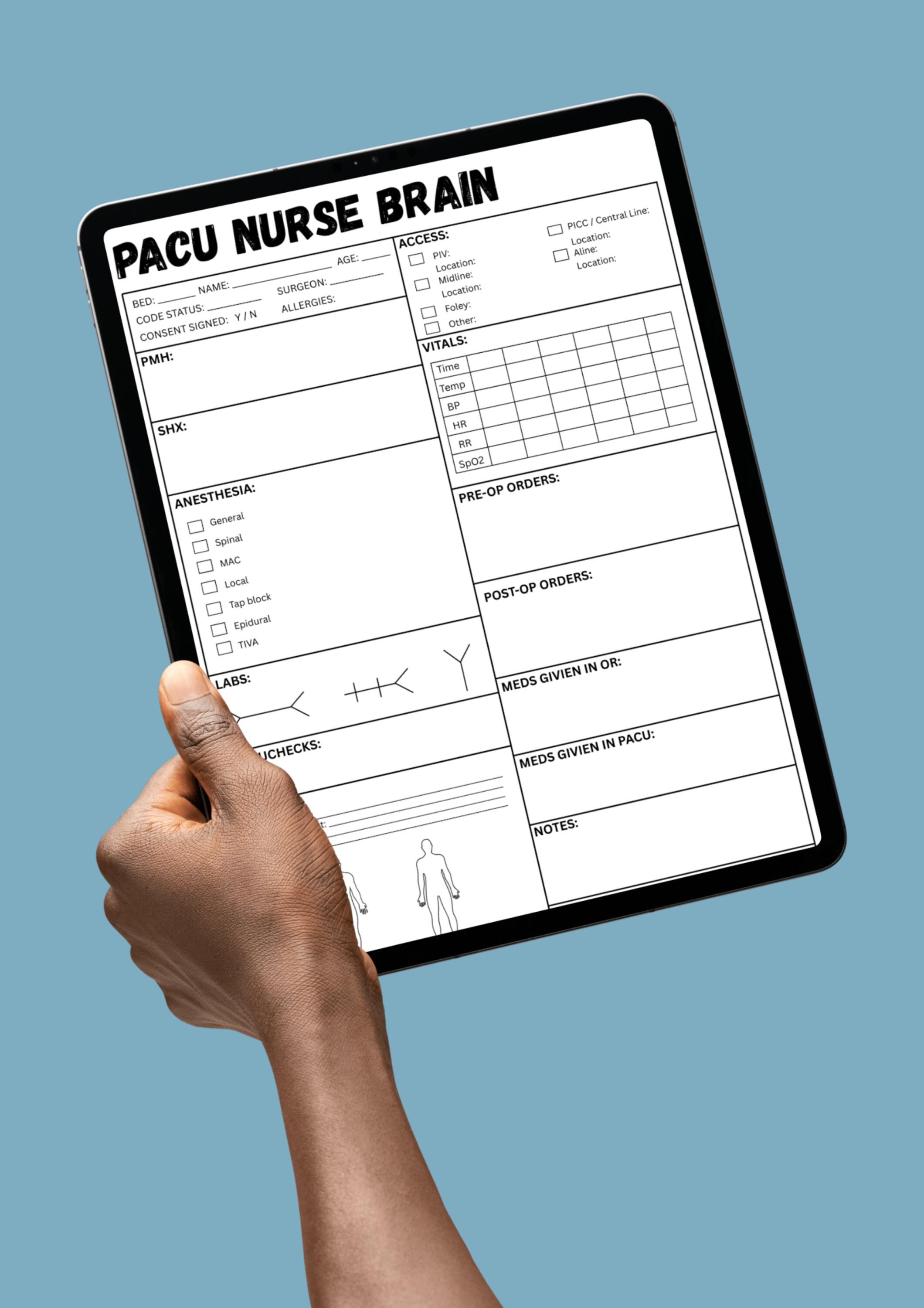 PACU Nurse Brain Sheet - Shift Report Organizer (canva Template Digital ...