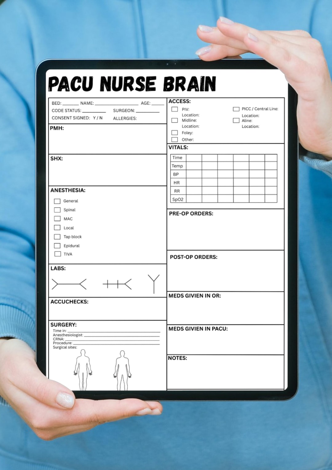 PACU Nurse Brain Sheet - Shift Report Organizer (canva Template Digital ...