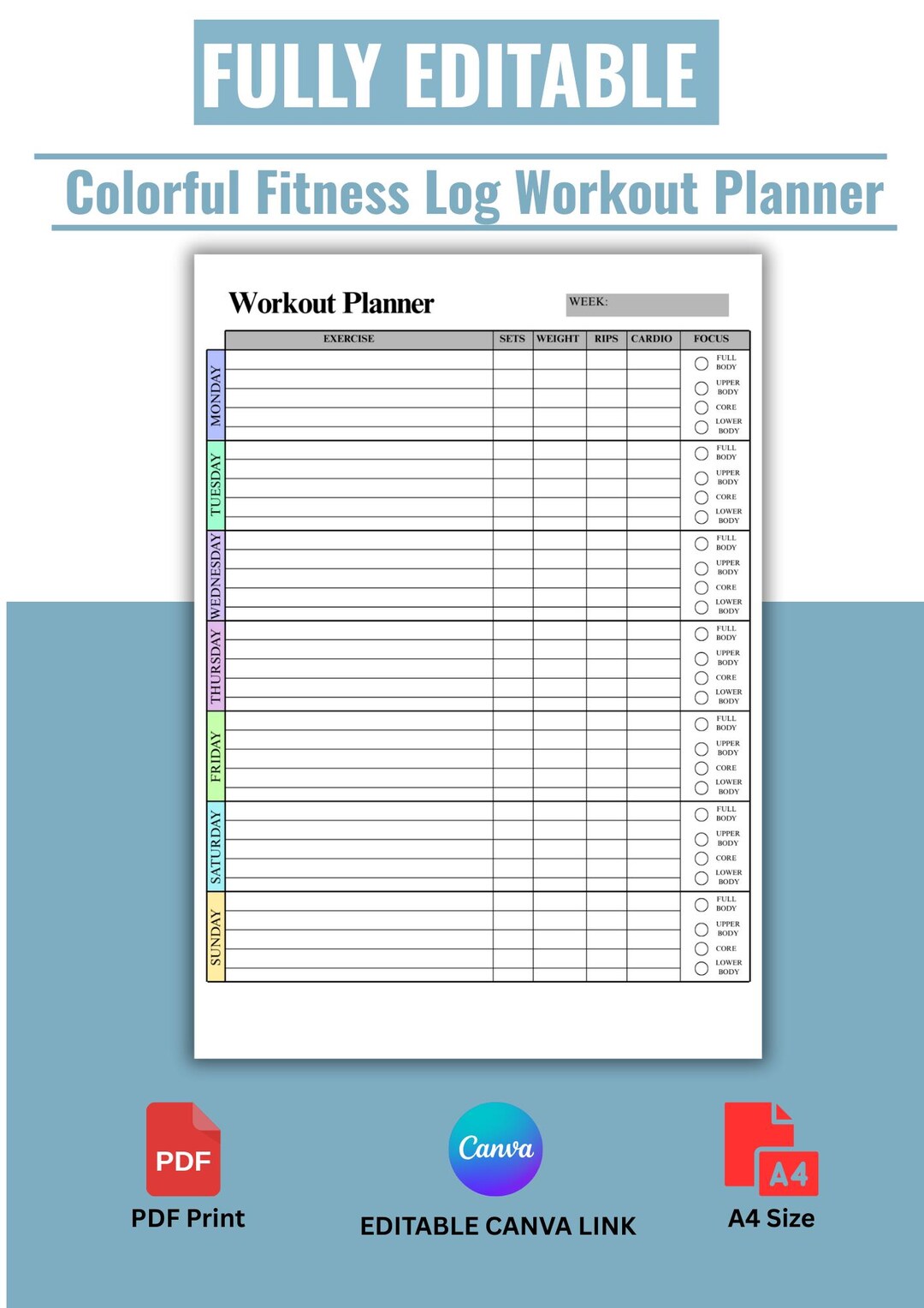 Editable Fitness Workout Planner Template | Weekly Exercise Log ...
