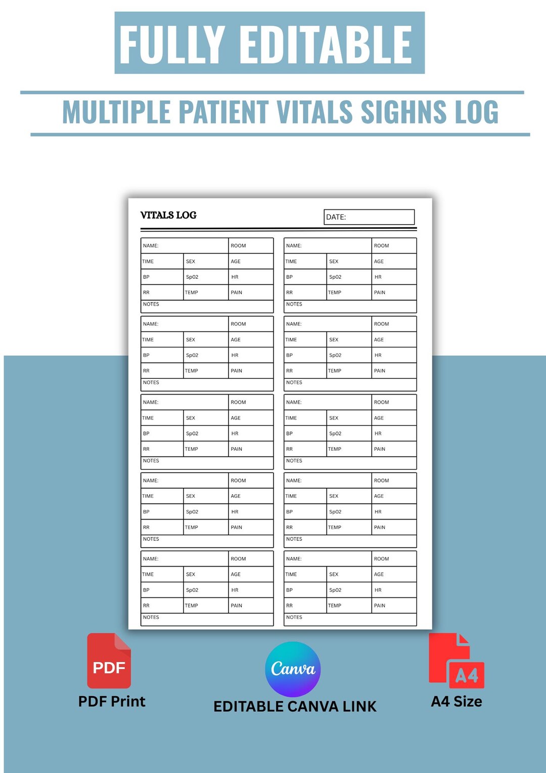 Patient Vitals Log | Editable Nurse Assessment Sheet (canva A4 PDF) - Etsy