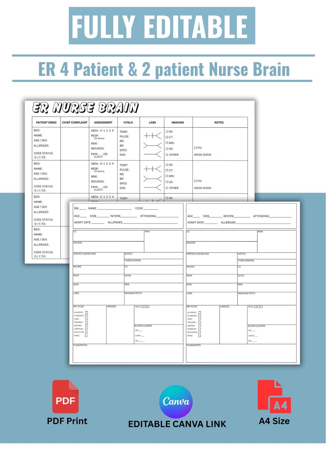Editable ER Nurse Brain Sheets | ER 4 Patient + 2 Patient Printable PDF ...