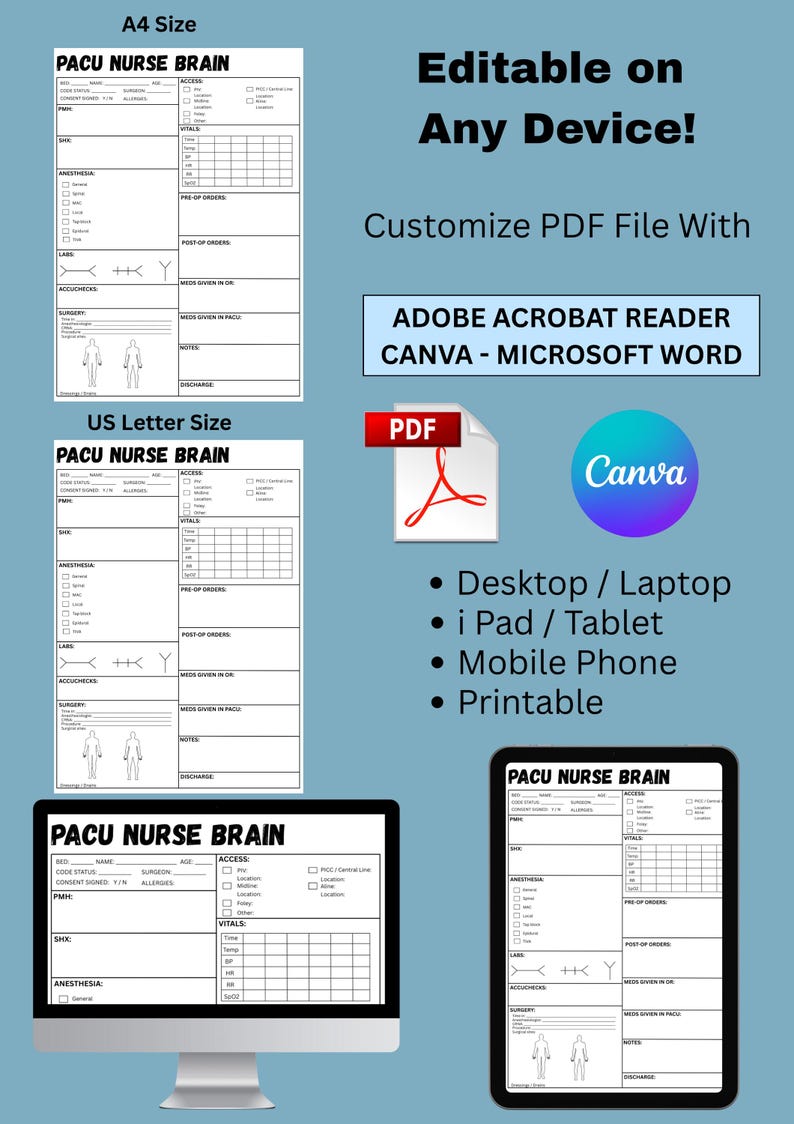 PACU Nurse Brain Sheet - Shift Report Organizer (canva Template Digital ...