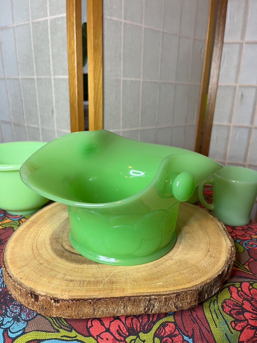 Rare Vintage 1930s Fenton Jadeite Glass Big Cookie Bowl Basket No ...