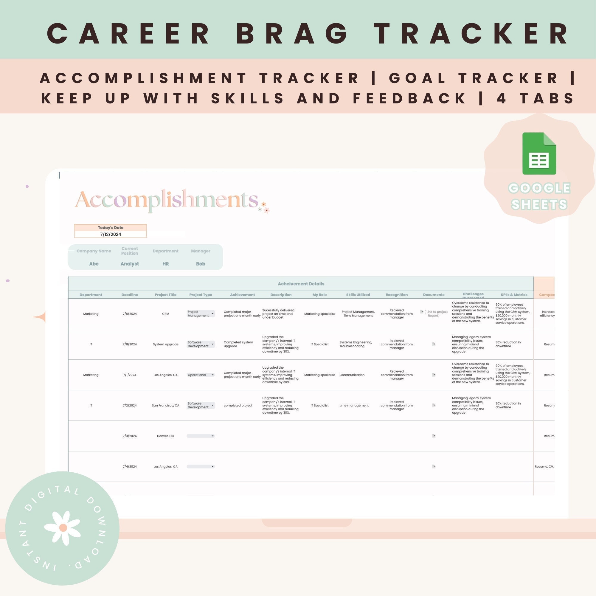 Brag Sheet Spreadsheet Accomplishment Tracker Google Sheets Career ...