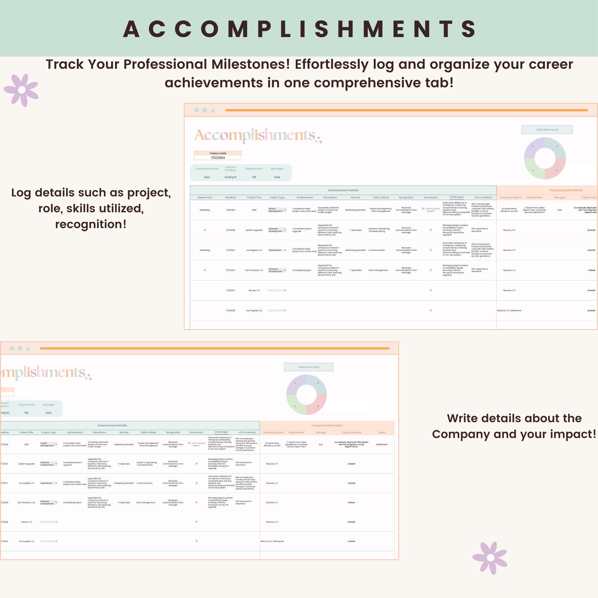 Brag Sheet Spreadsheet Accomplishment Tracker Google Sheets Career ...