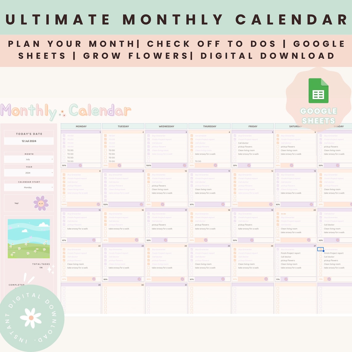 Editable Monthly Calendar Google Sheets to Do List Task Tracker Digital ...