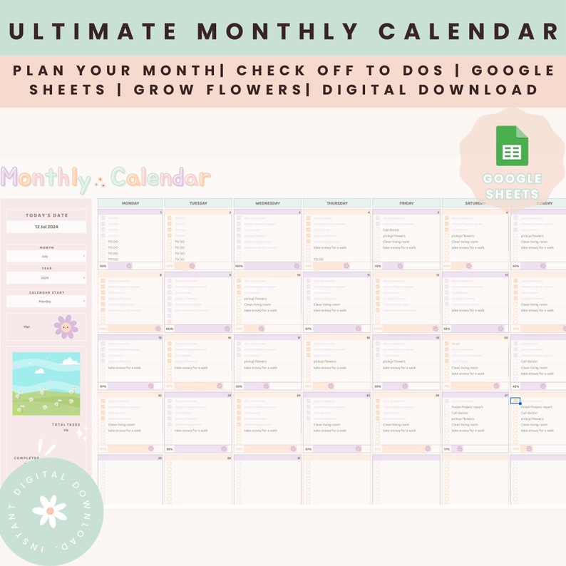 Editable Monthly Calendar Google Sheets to Do List Task Tracker Digital ...