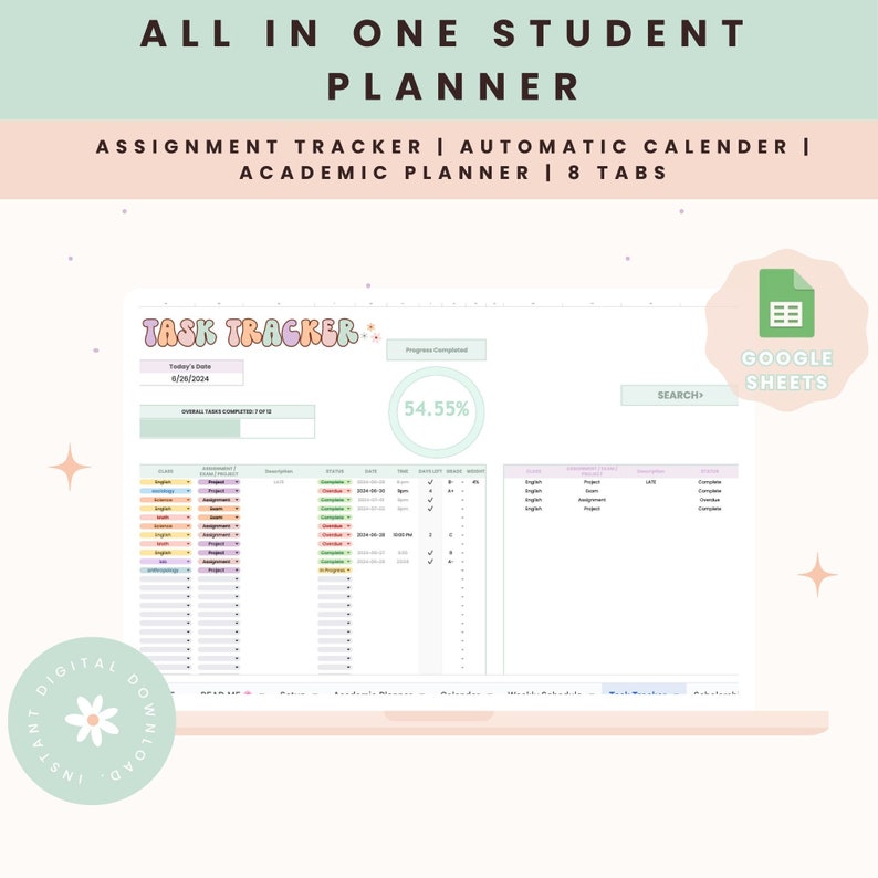 Student Planner With Assignment Tracker Academic Planner Google Sheets ...