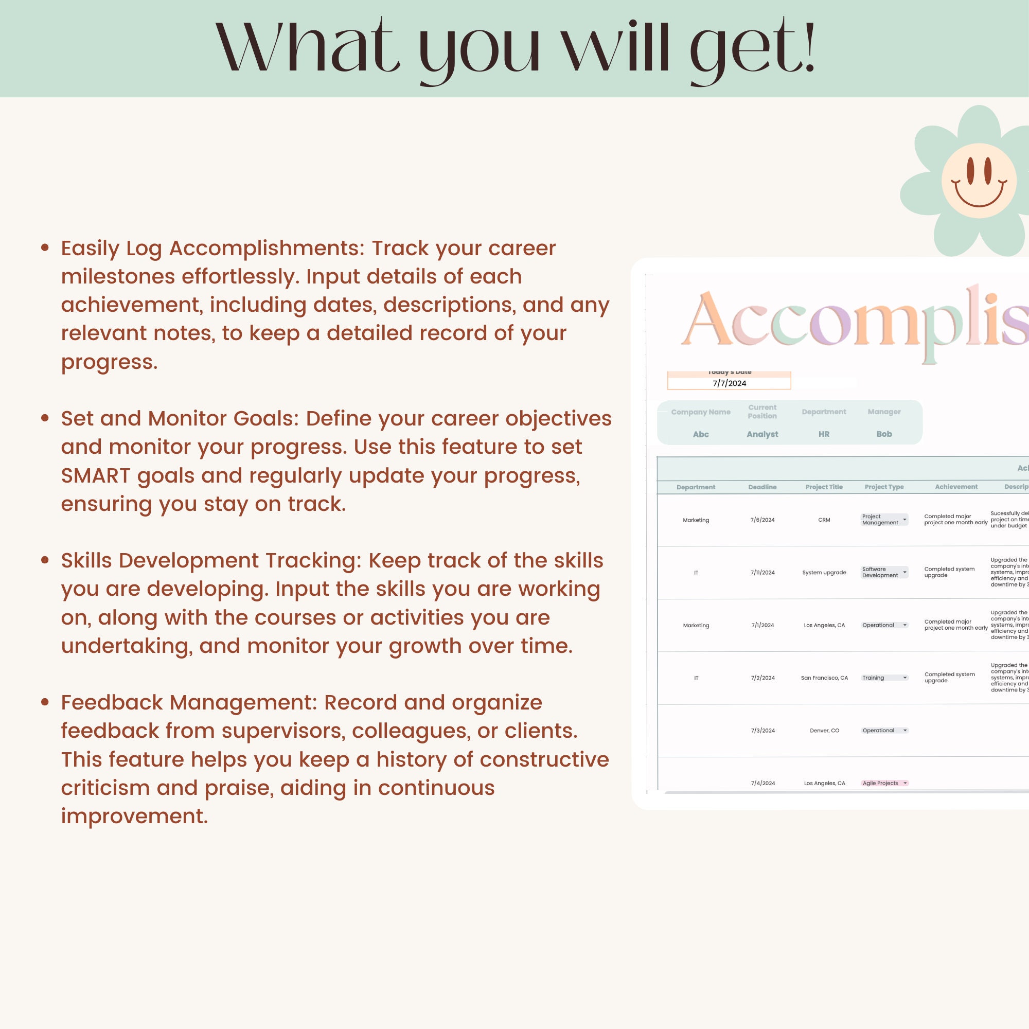Brag Sheet Spreadsheet Accomplishment Tracker Google Sheets Career ...