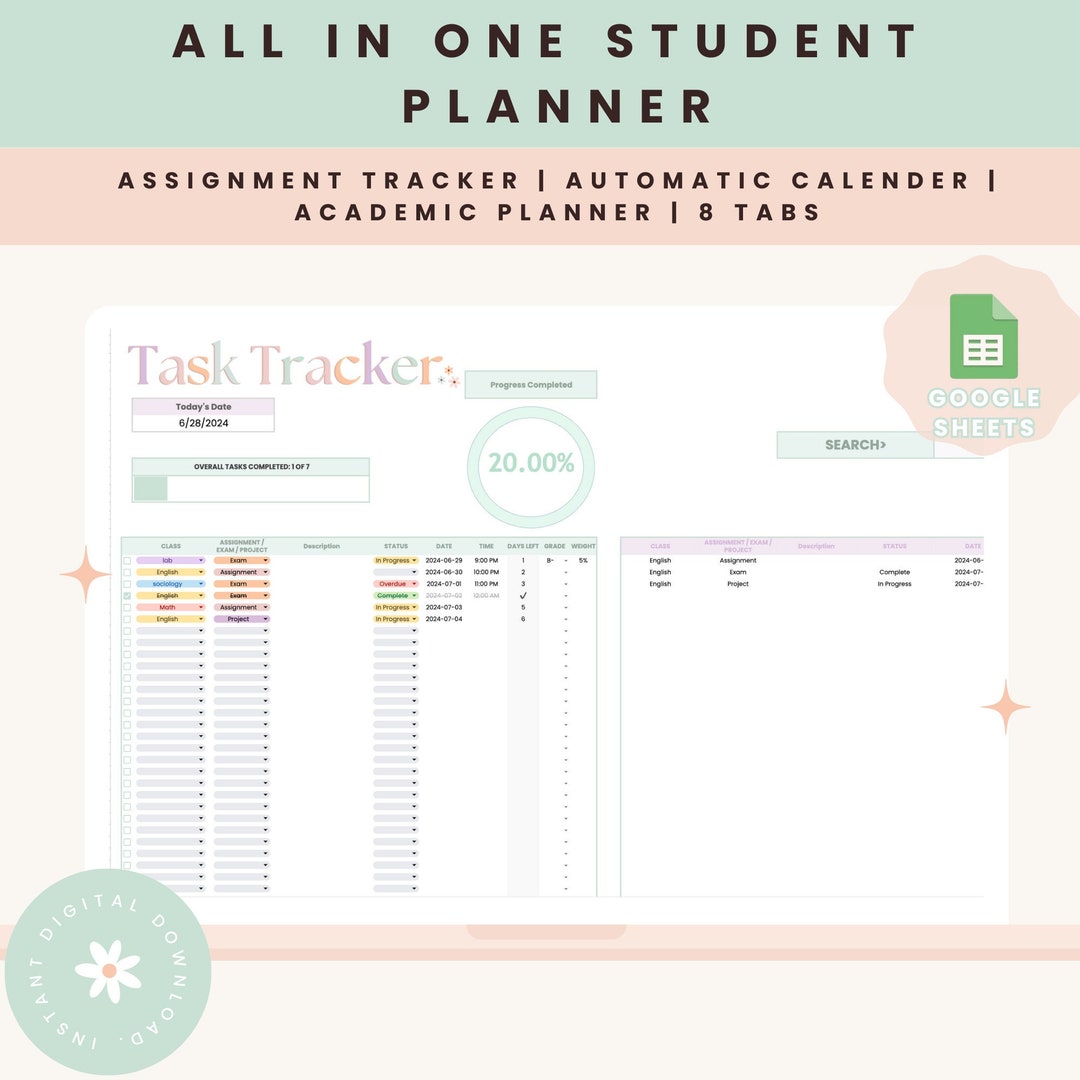 Student Planner With Assignment Tracker Academic Planner Google Sheets ...