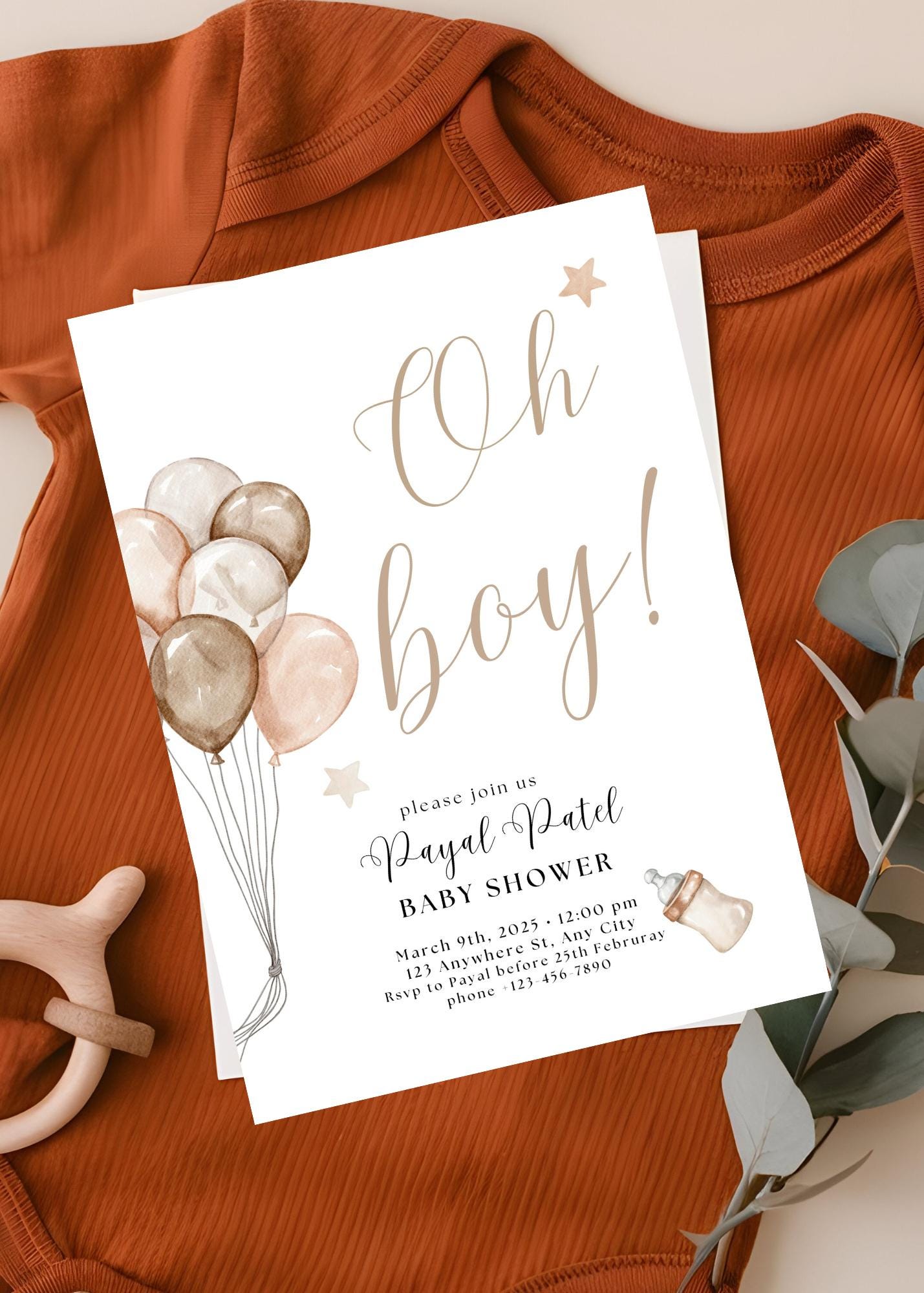 Oh Boy!baby Shower Invites, Printable Neutral Baby Shower Card, Digital ...