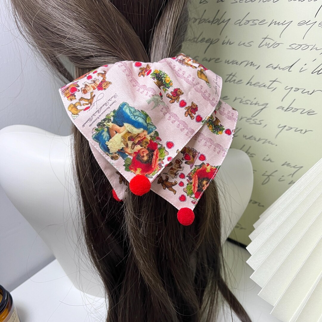 Vintage Square Hair Scrunchie With Victorian Teddy Bear and Pom Accents ...