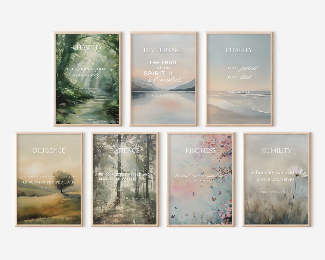 Christian Wall Art Set of 7 Printable Bible Verse Art 7 Virtues of ...