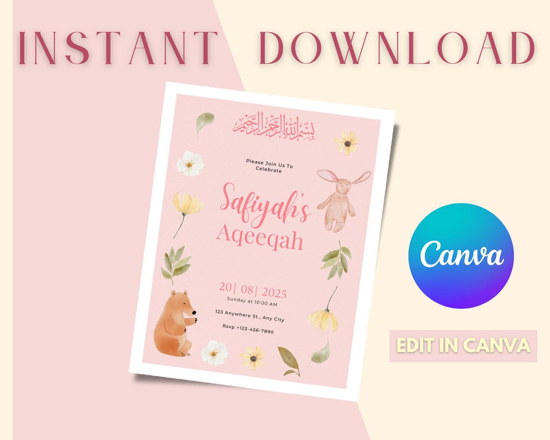 Editable Aqeeqah Invitation Girl | Digital & Printable A6 Muslim Baby ...