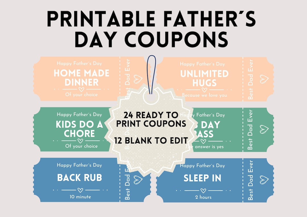 Printable Fathers Day Coupons INSTANT DOWNLOAD. Last-minute Fathers Day ...