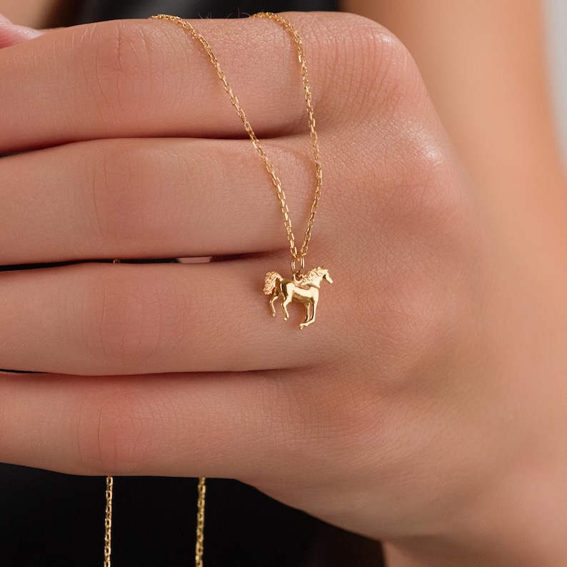 14K Solid Gold Horse Necklace , Running Horse Necklace - Etsy