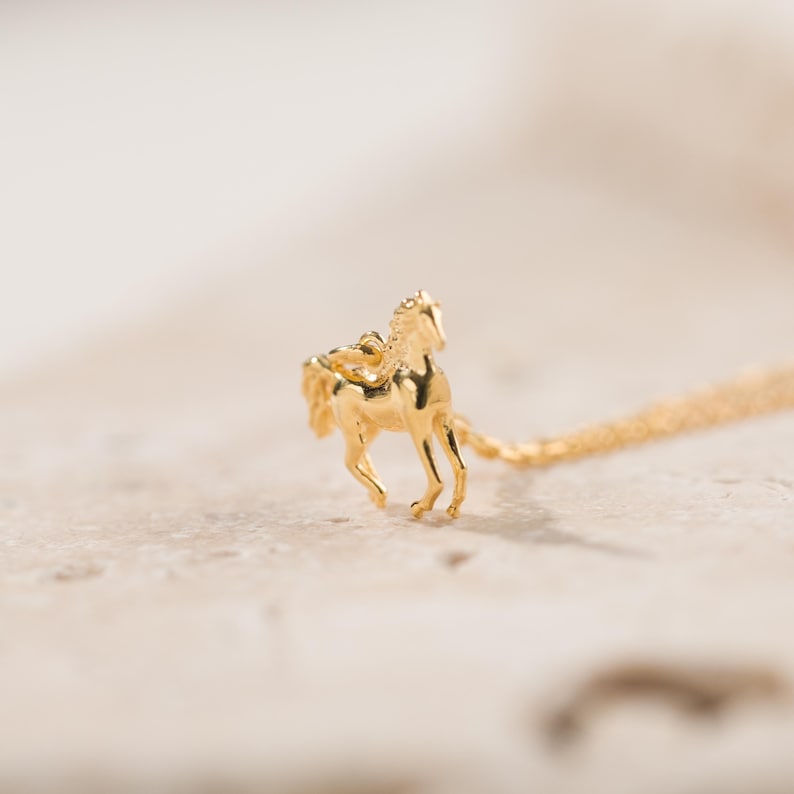 14K Solid Gold Horse Necklace , Running Horse Necklace - Etsy