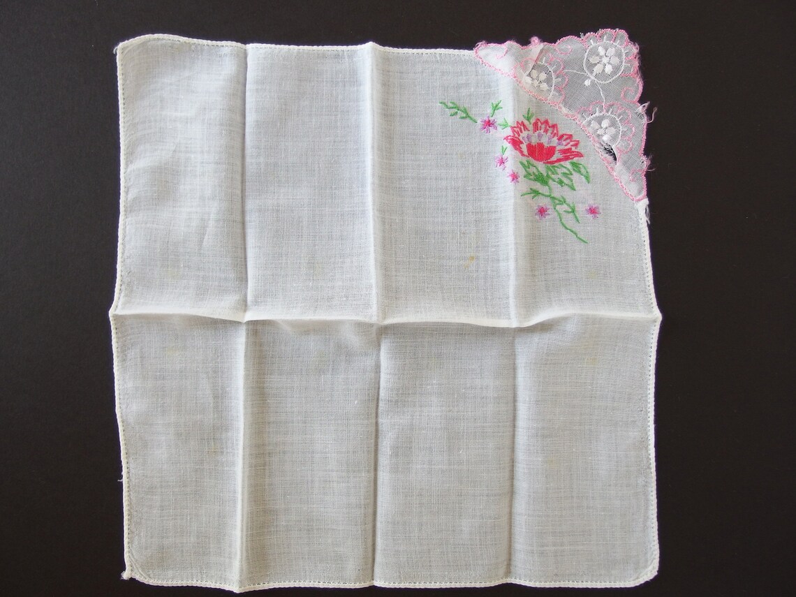 Sheer Corner With Pink Accent White Handkerchief Vintage - Etsy