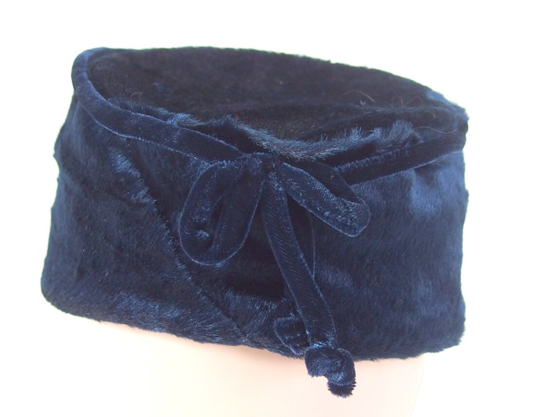 Vintage Navy Blue Faux Fur Tall Pillbox Hat Blue Toque - Etsy