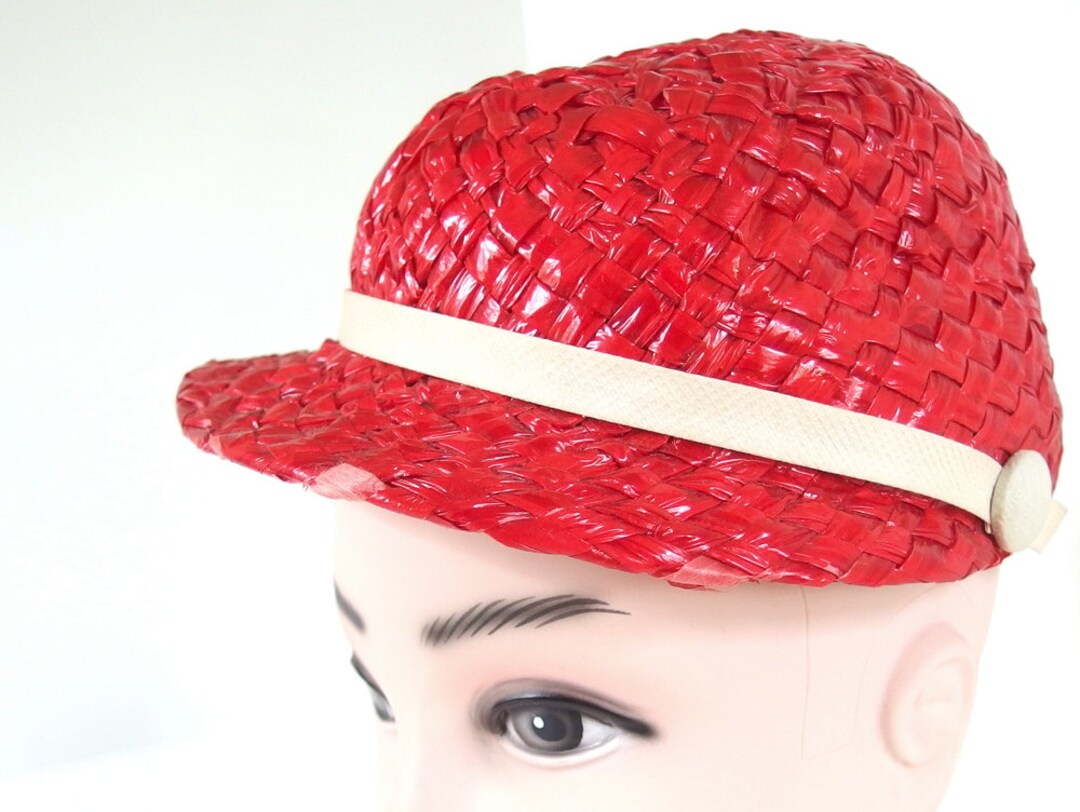 Vintage 1960's Red Straw Jockey Hat With Ivory Trim - Etsy