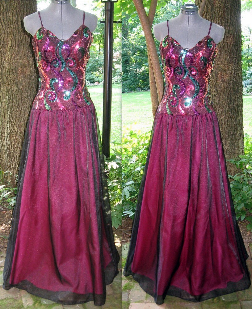 Reworked 1990's Hot Pink and Black Sequined Gothic Prom Party Dress ...