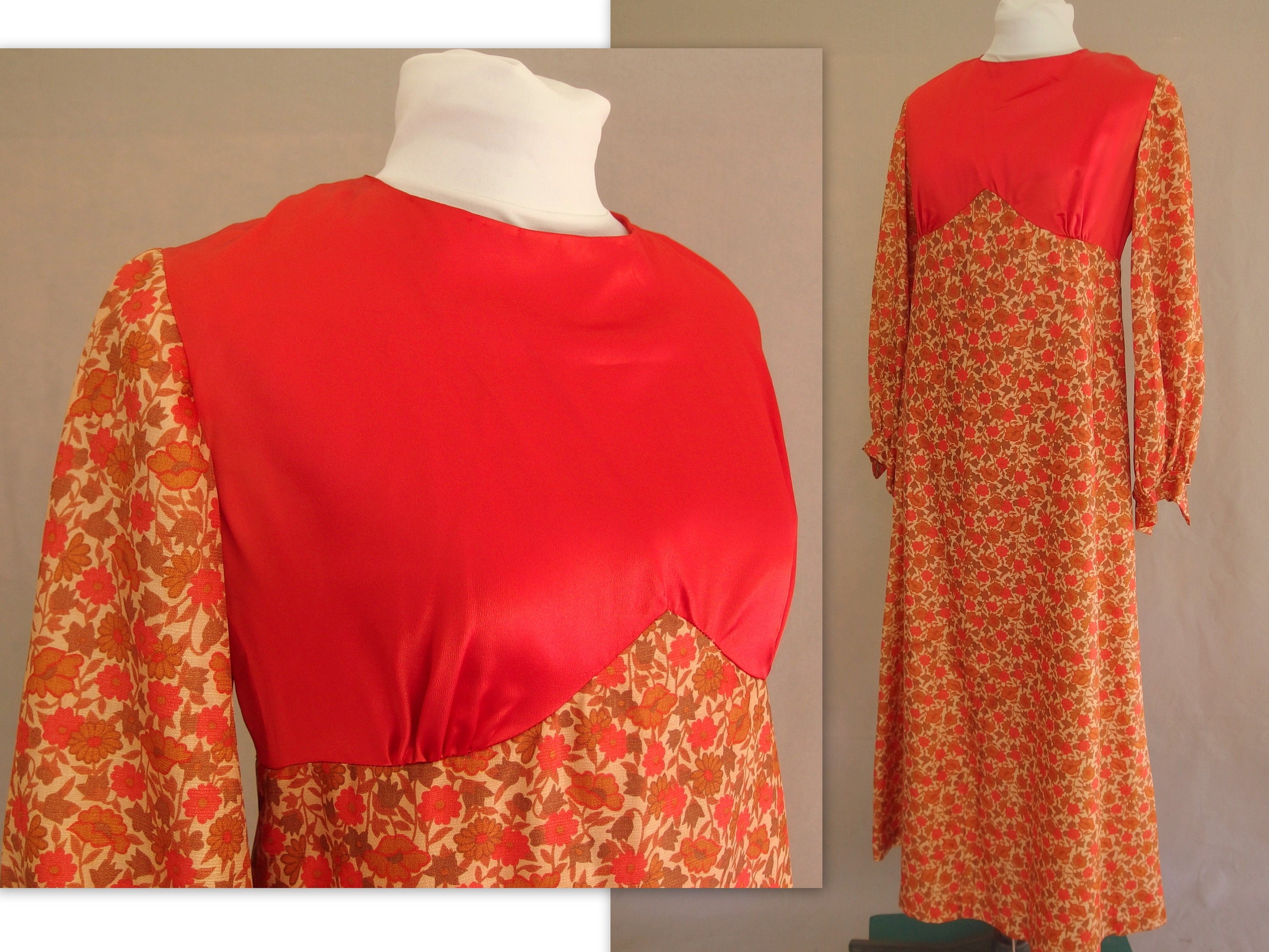 Vintage 1960's Mod Formal; Rust, Empire Waisted Floral Dress, Fits Size ...
